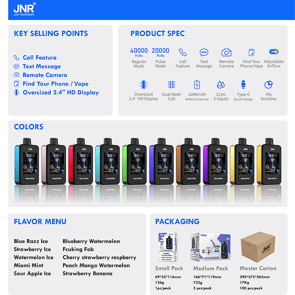 JNR Media Max 40000 40K Puffs Fumo Ultimo Originale Intelligente ...