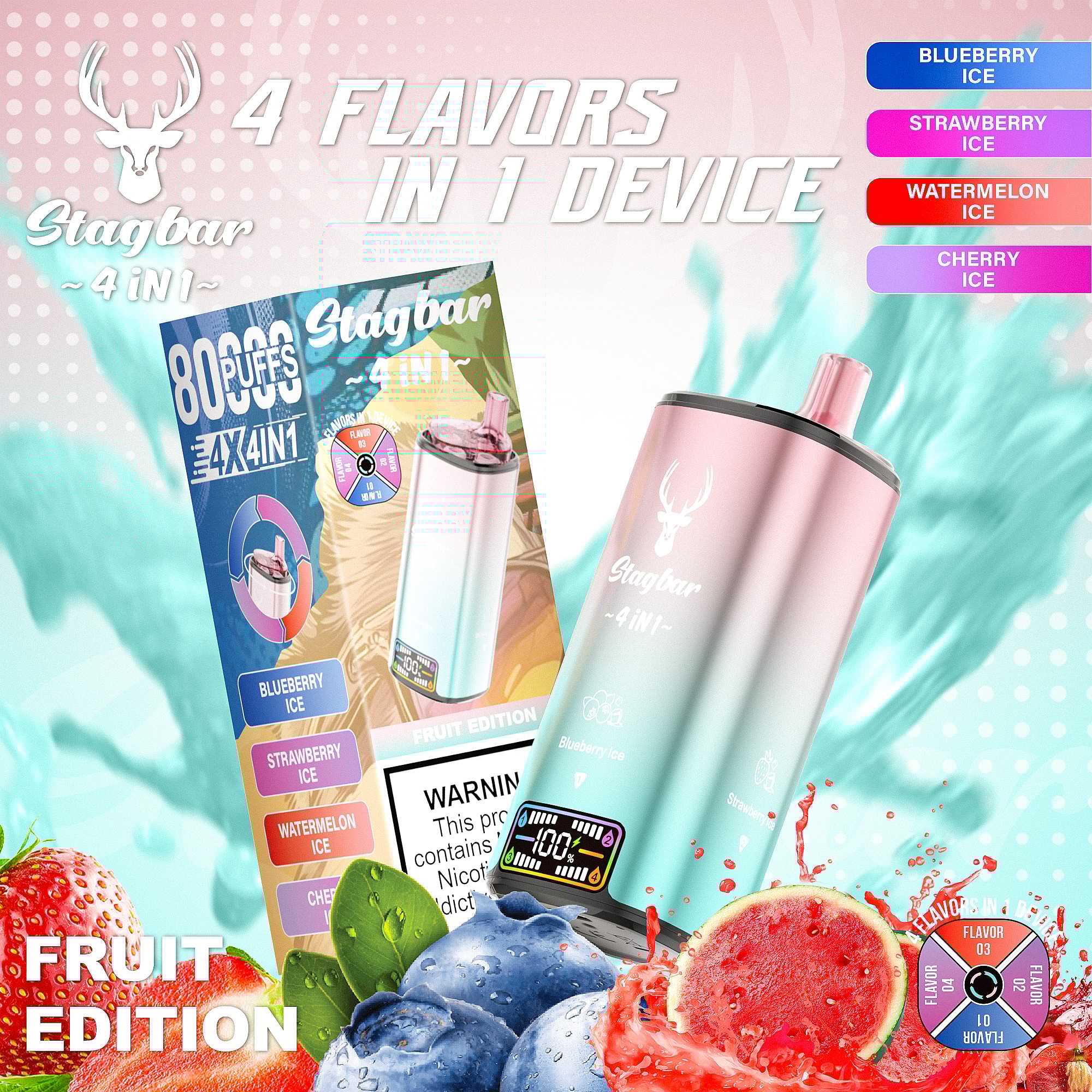 Barra de ciervo 4 en 1 80k bocanadas: cuatro sabores vapor desechable recargable con pantalla ...