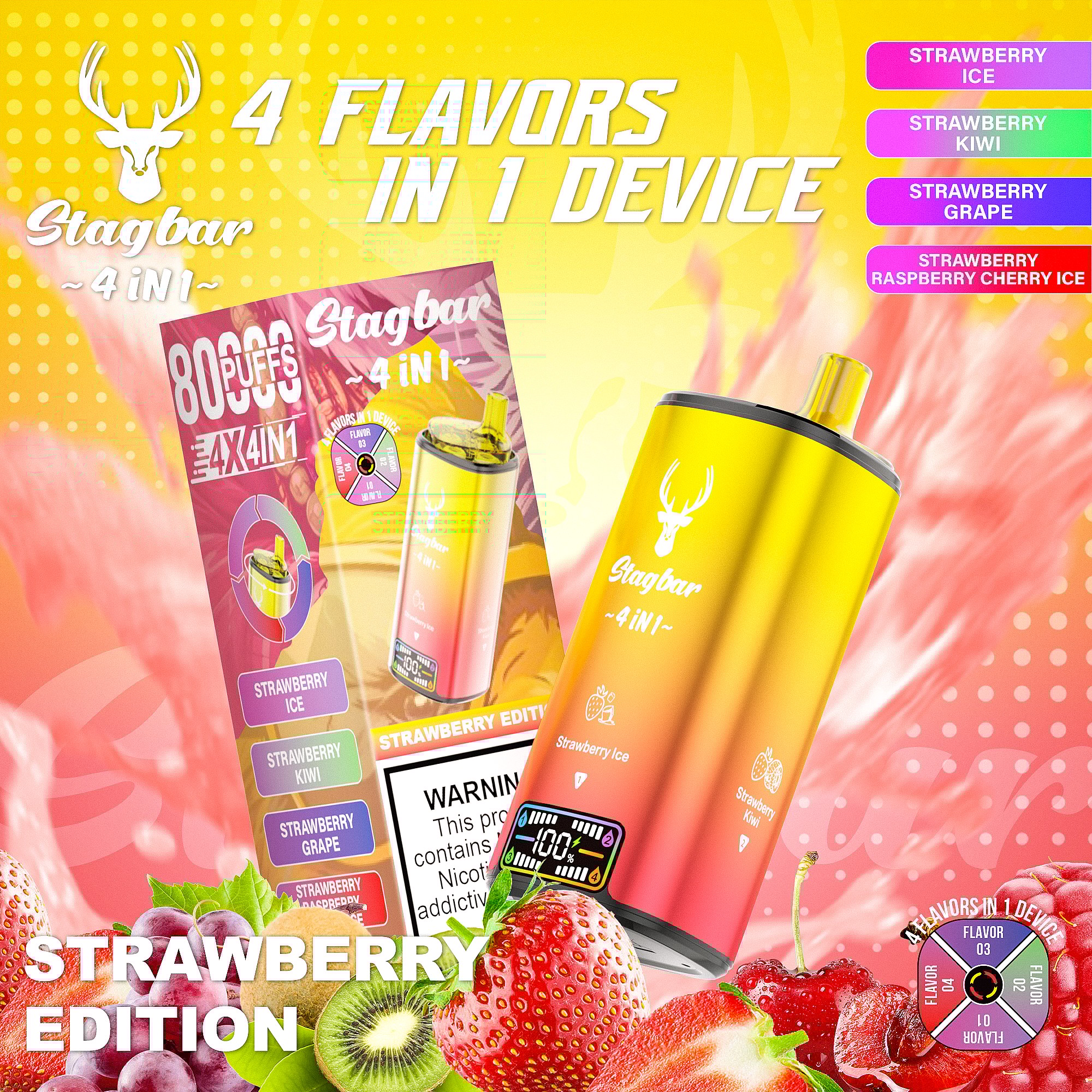 Barra de ciervo 4 en 1 80k bocanadas: cuatro sabores vapor desechable recargable con pantalla ...