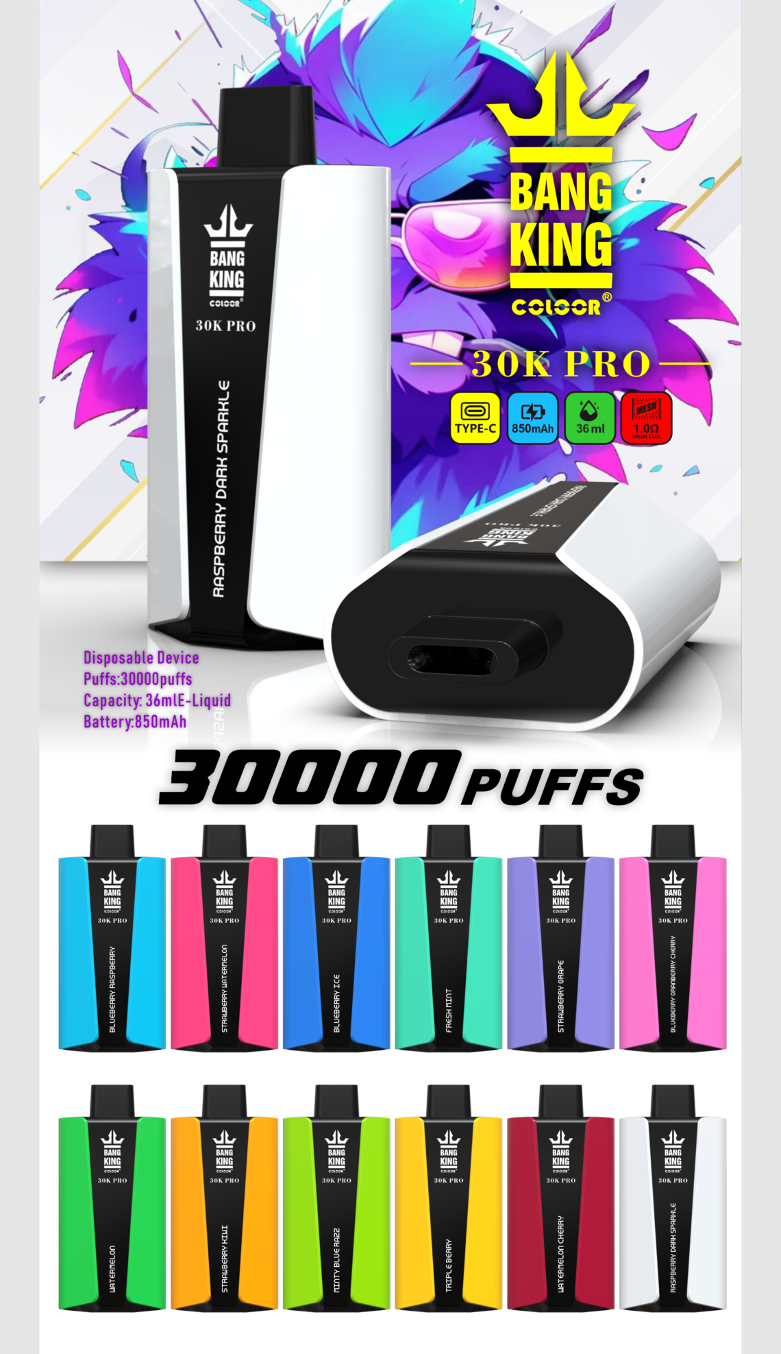 Bang King 30000 PRO - 30k Puffs Vape Desechable, Sabor Unico, 36ml E ...