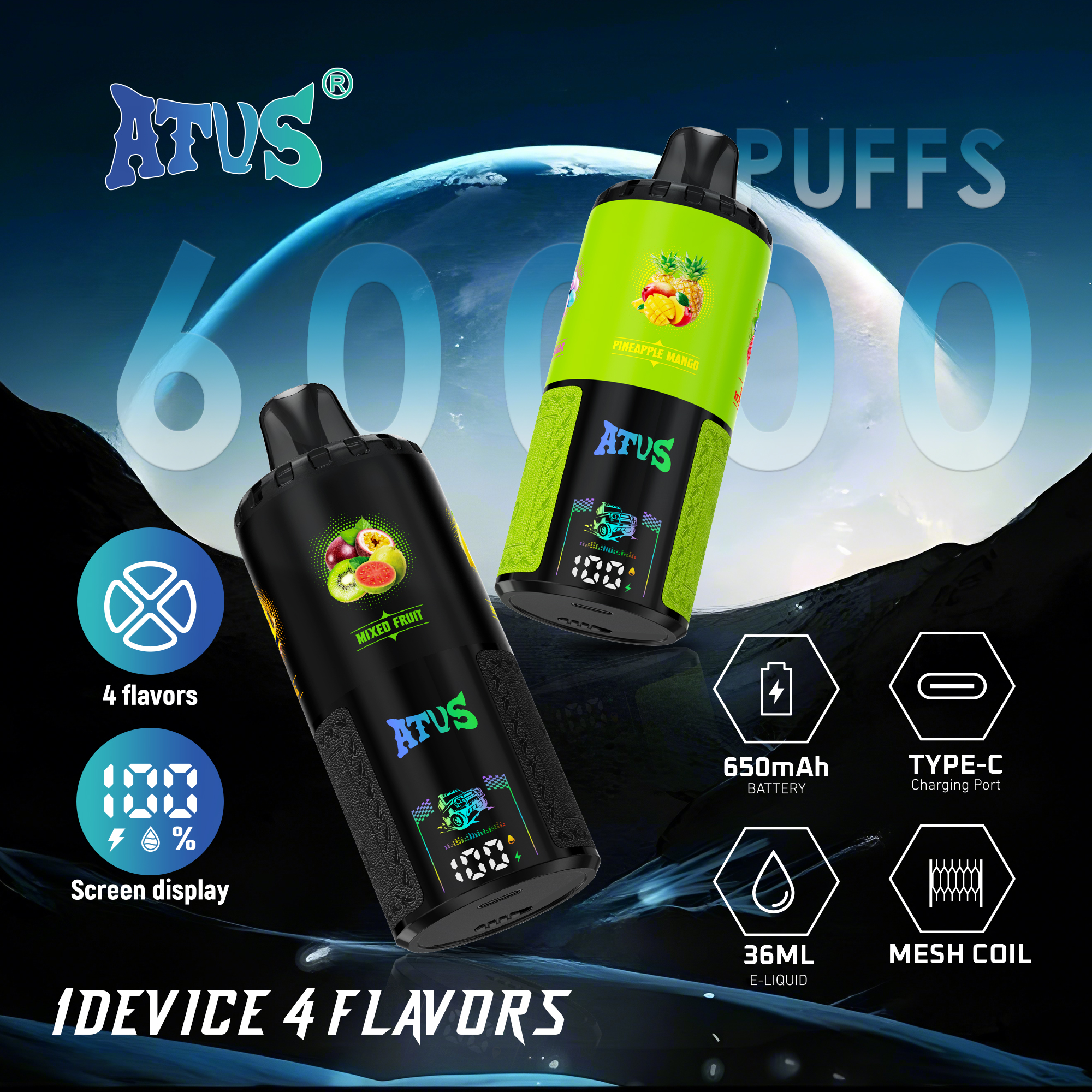ATVS WARSHIP 60000 60k Puffs 4 in 1 Flavors Disposable Vape with Screen ...